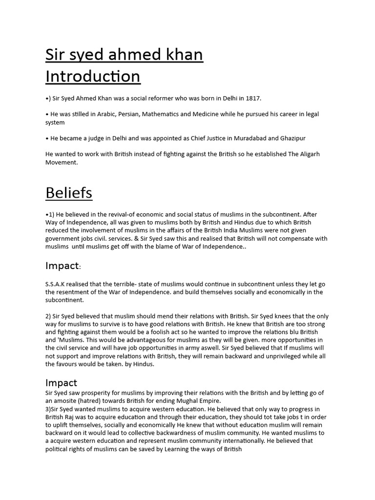 Sir Syed Ahmed Khan: Beliefs | PDF | British Raj | Two Nation Theory