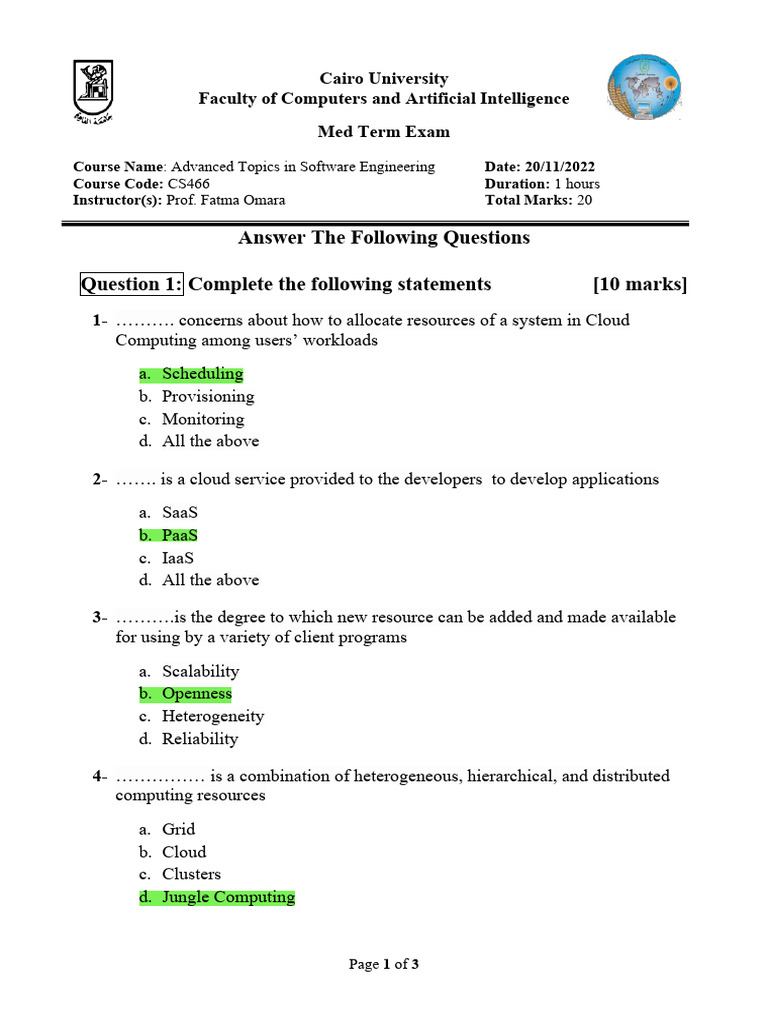 [Cloud][MT 2022] Answered | PDF | Cloud Computing | Service Level Agreement