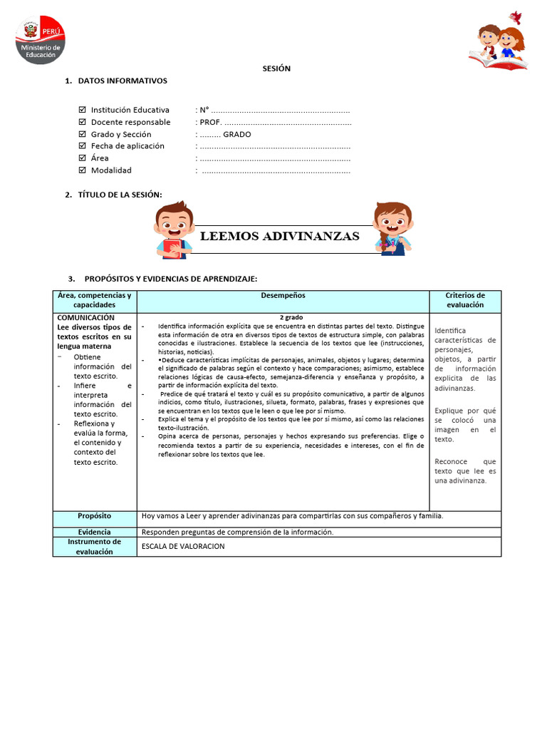 Lunes A - Sesión - Leemos Adivinanzas | PDF | Aprendizaje | Evaluación