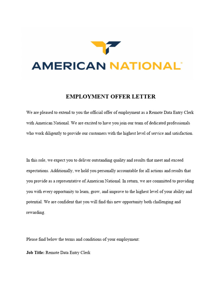 Offer Letter American National | PDF | Employment | Performance Appraisal