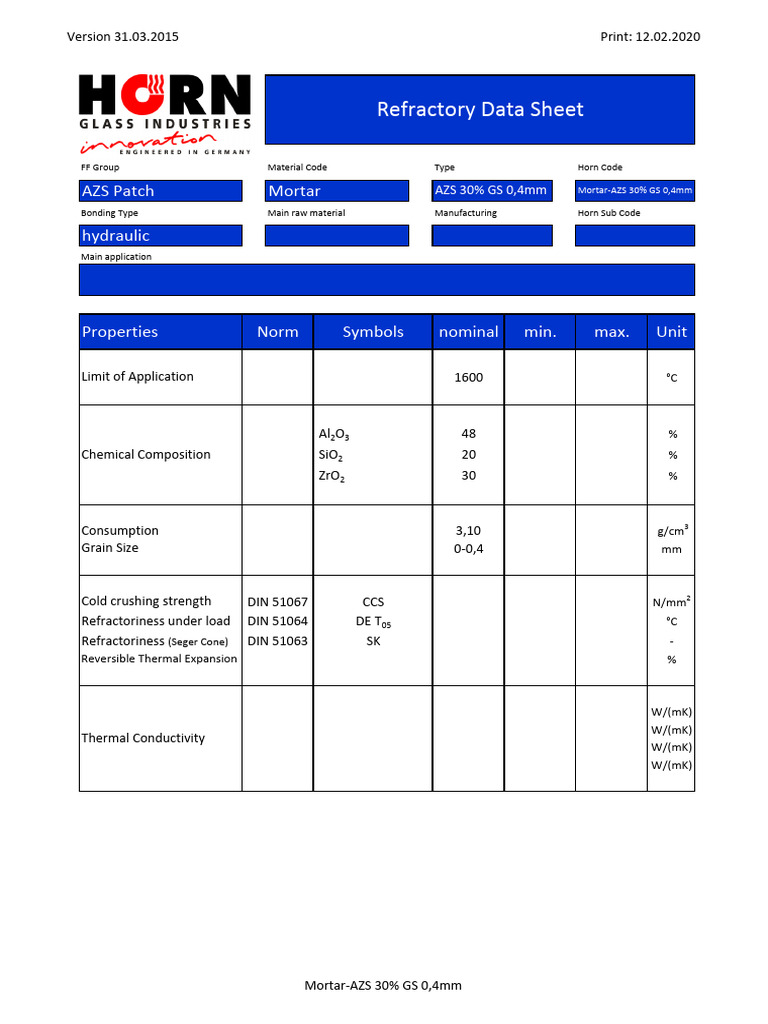 AZS 30% Mortar Refractory Data Sheet | PDF