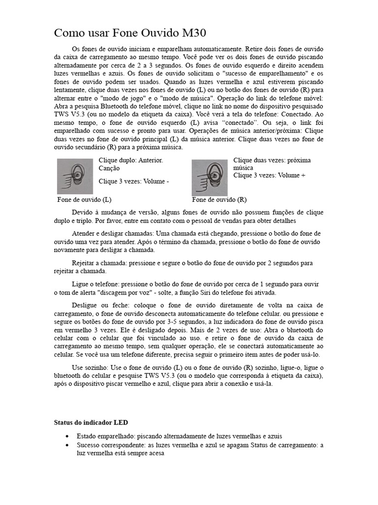 Como Usar Fone Ouvido M30 | PDF | Bluetooth | USB