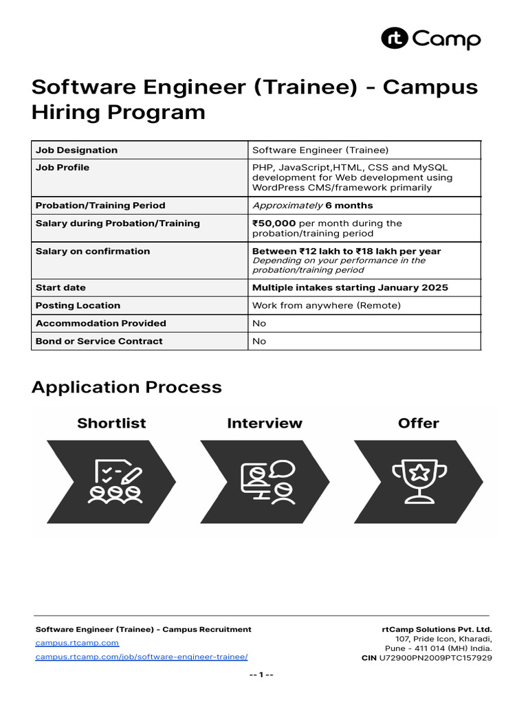 (Rtcamp) Software Engineer (Trainee) Job Application Form 2024-2025 ...