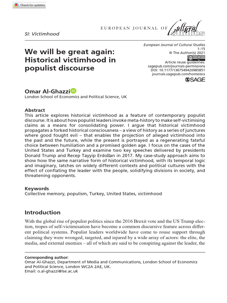 Ghazzi 2021we Will Be Great Again. Historical Victimhood in Populist ...