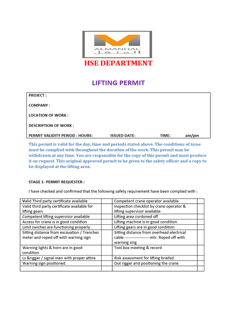HSE DEPARTMENT Lifting Permit | Download Free PDF | Crane (Machine)