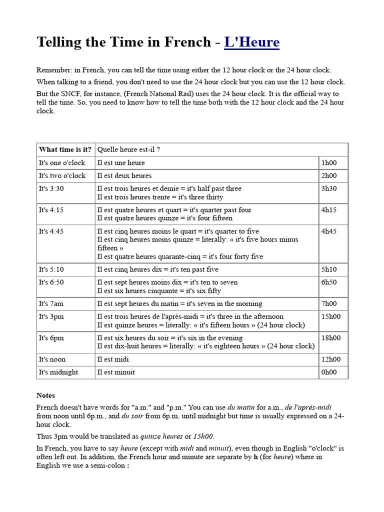 Telling Time in French: 12 & 24 Hour Formats | PDF | Spacetime | Units ...