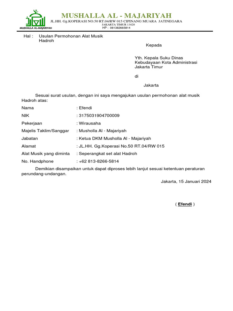 Usulan Permohonan Alat Musik Hadroh | PDF