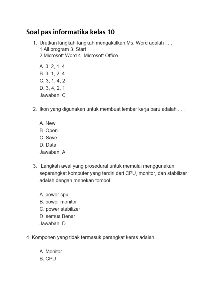 Soal Pas Informatika Kelas 10 | PDF