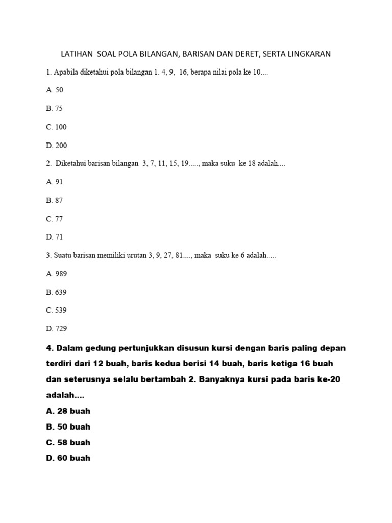 Latihan Soal Pola, Barisan, Deret Dan Ling. | PDF | Metode & Bahan Ajar | Griya & Taman