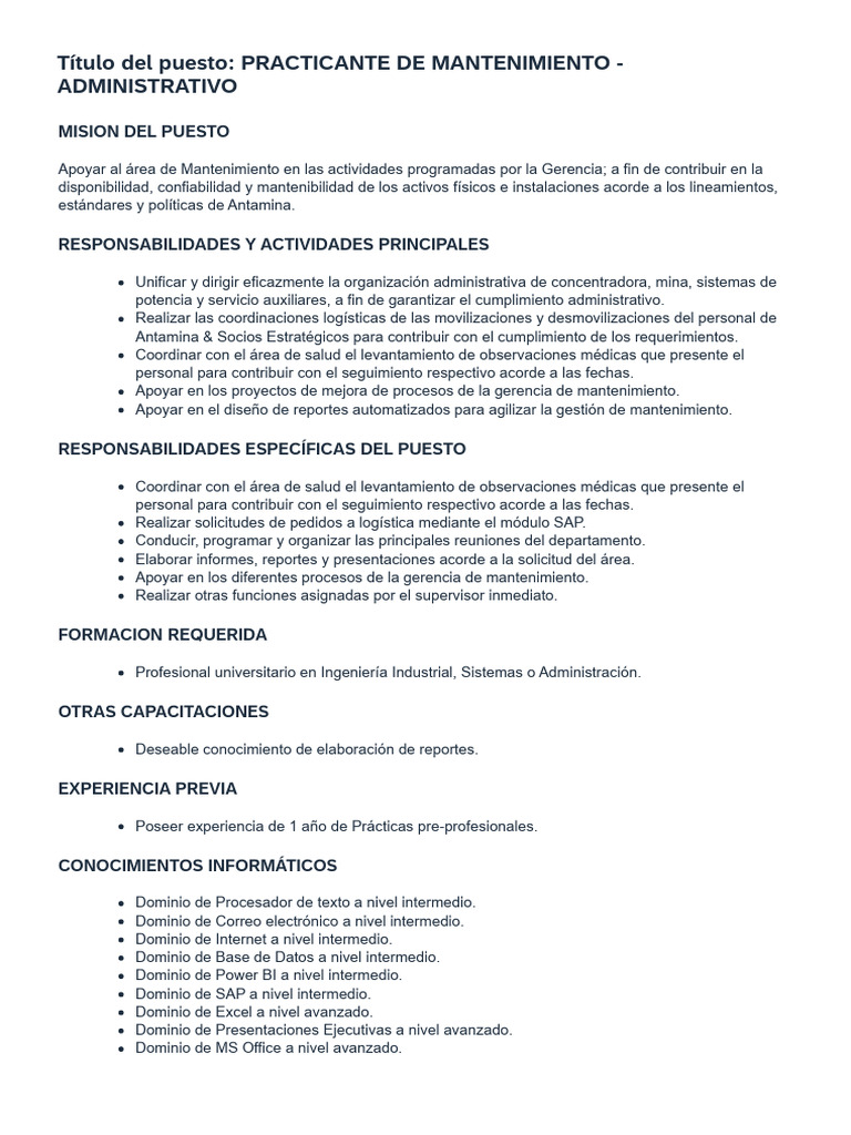 Convocatoria - Practicante de Mantenimiento - Administrativo | PDF ...