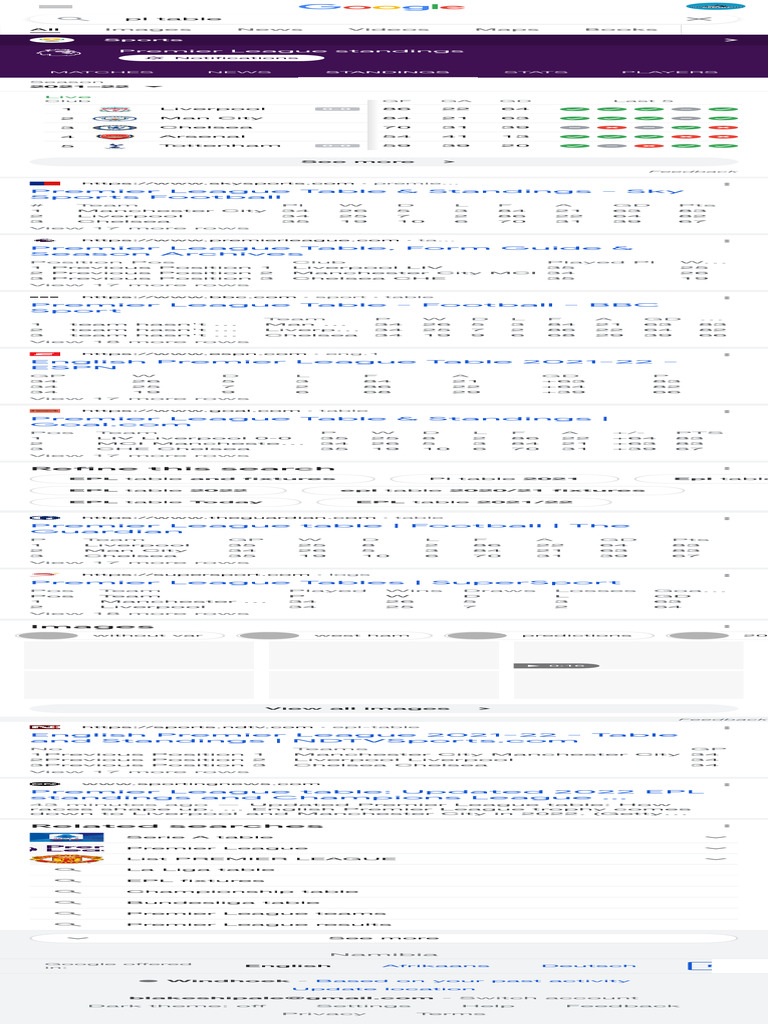 PL Table - Google Search | PDF | Premier League | Association Football ...