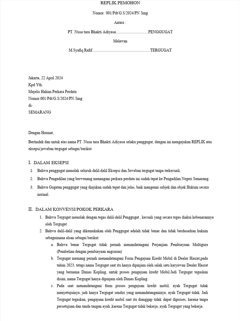 Surat Replik Wanprestasi | PDF