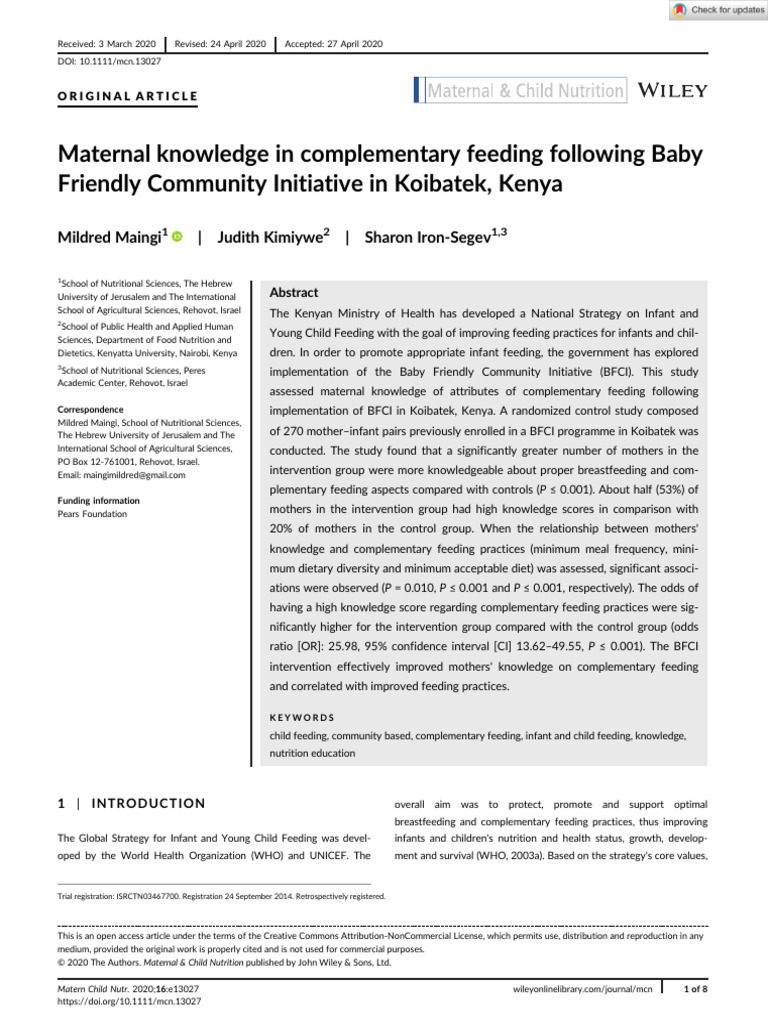 Maternal Child Nutrition - 2020 - Maingi - Maternal Knowledge in Complementary Feeding Following ...