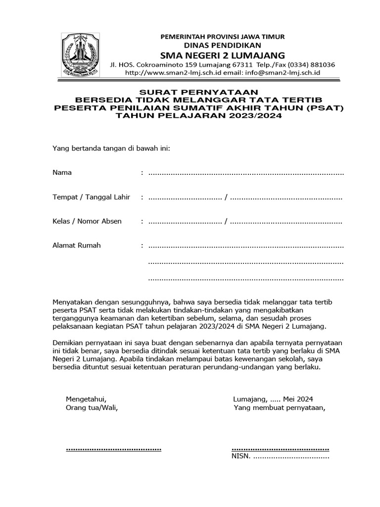 Pernyataan Tata Tertib PSAT 2023/2024 | PDF | Pengelolaan Keuangan & Uang