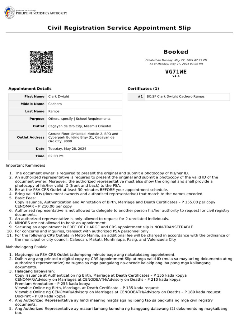 Civil Registration Service Appointment Slip | PDF