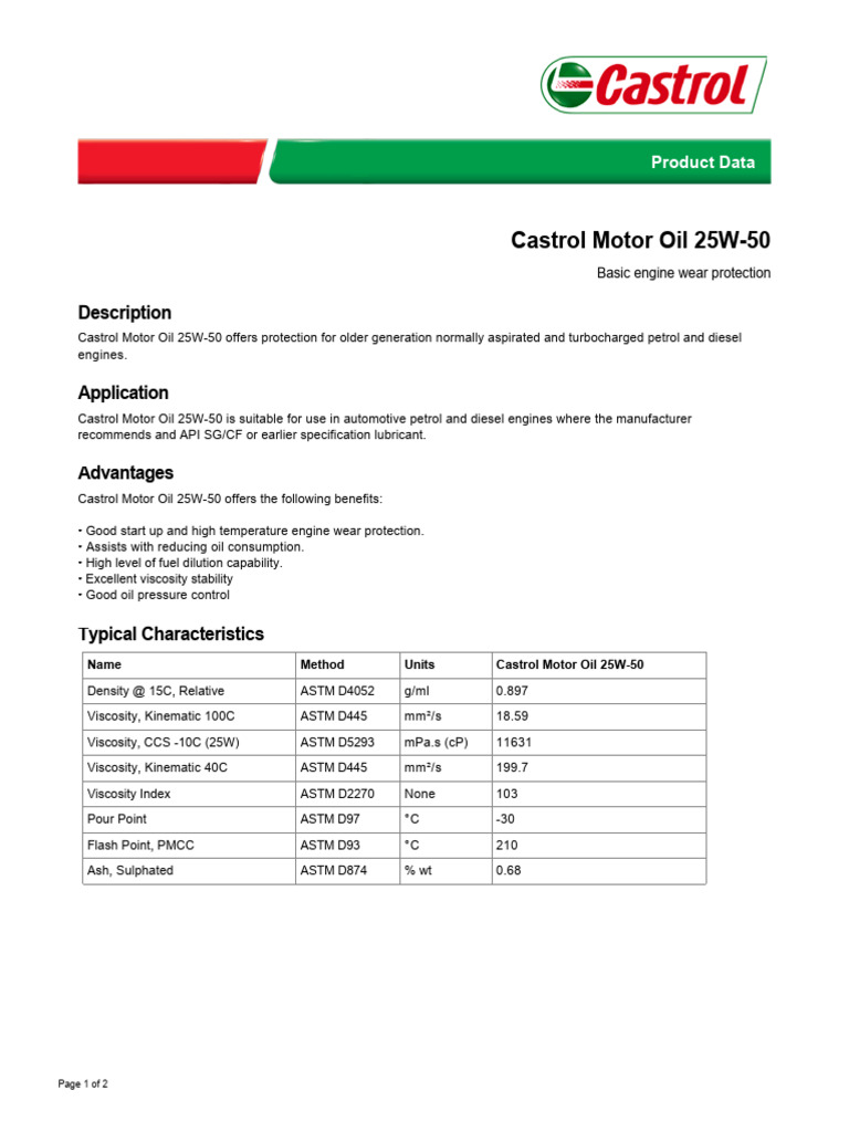 Castrol 25W-50 Motor Oil Specs | PDF | Motor Oil