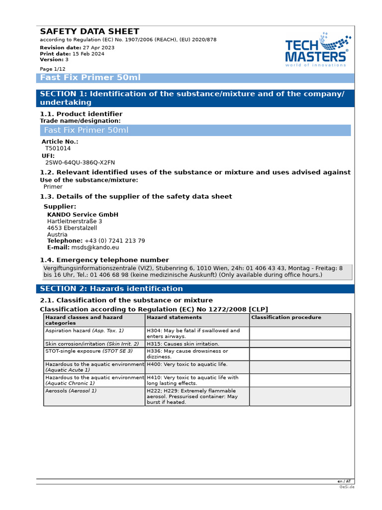 Fast Fix Primer 50ml | PDF | Dangerous Goods | Occupational Safety And ...