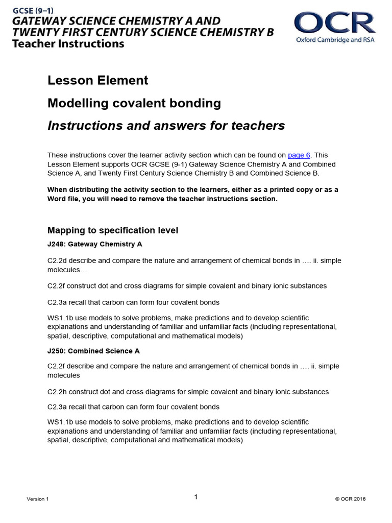 Modelling Covalent Bonding Lesson Element | PDF | Chemical Bond ...