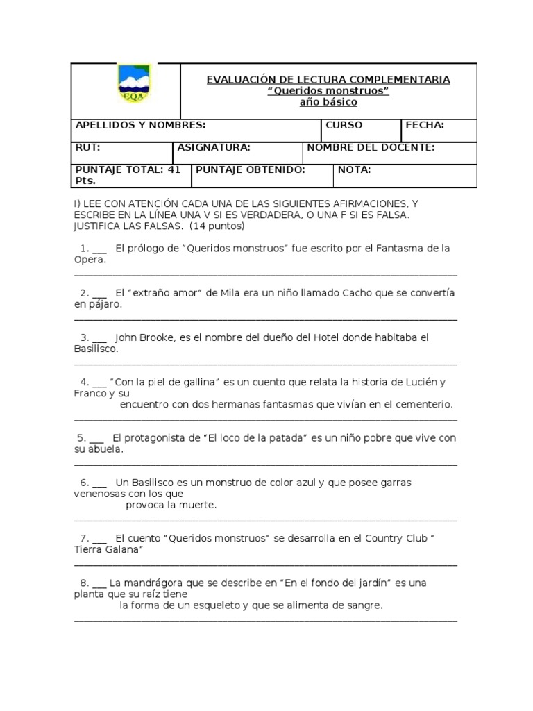 Evaluación de Lectura Complementaria Queridos Monstruos | PDF | Ocio