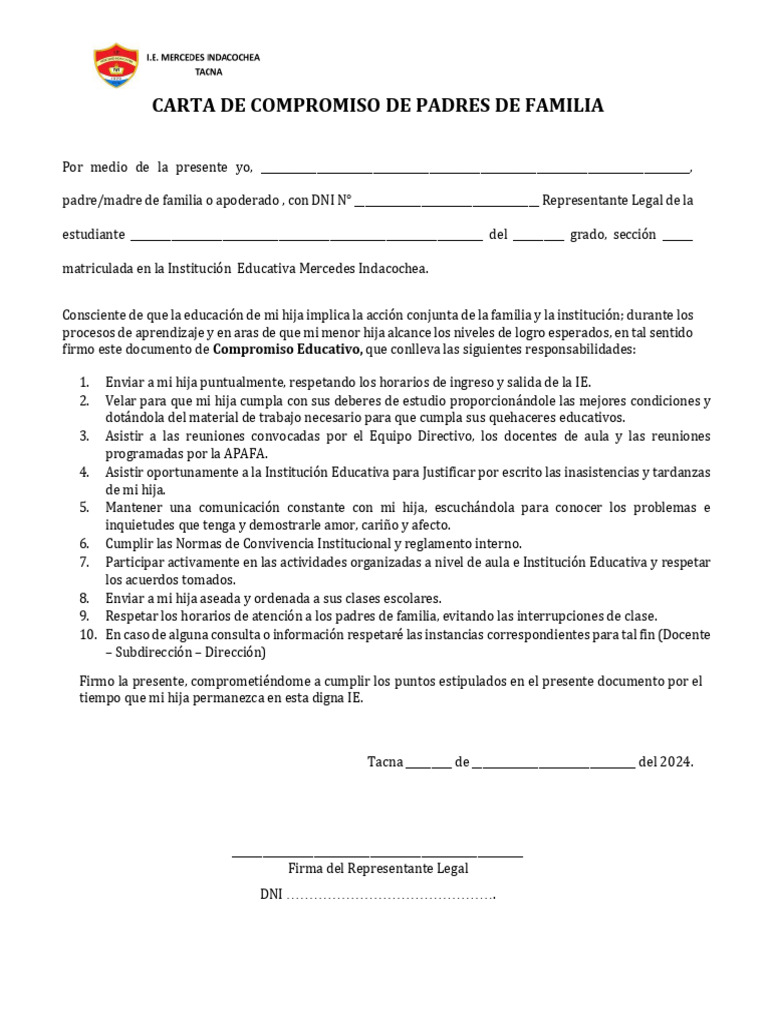 Carta de Compromiso para Padres de Familia - 2024 | Descargar gratis ...