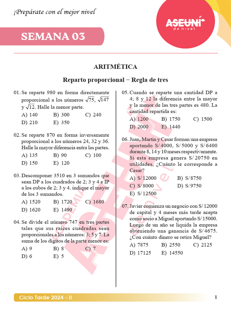 Semana 03: Aritmética Reparto Proporcional Regla de Tres | PDF ...