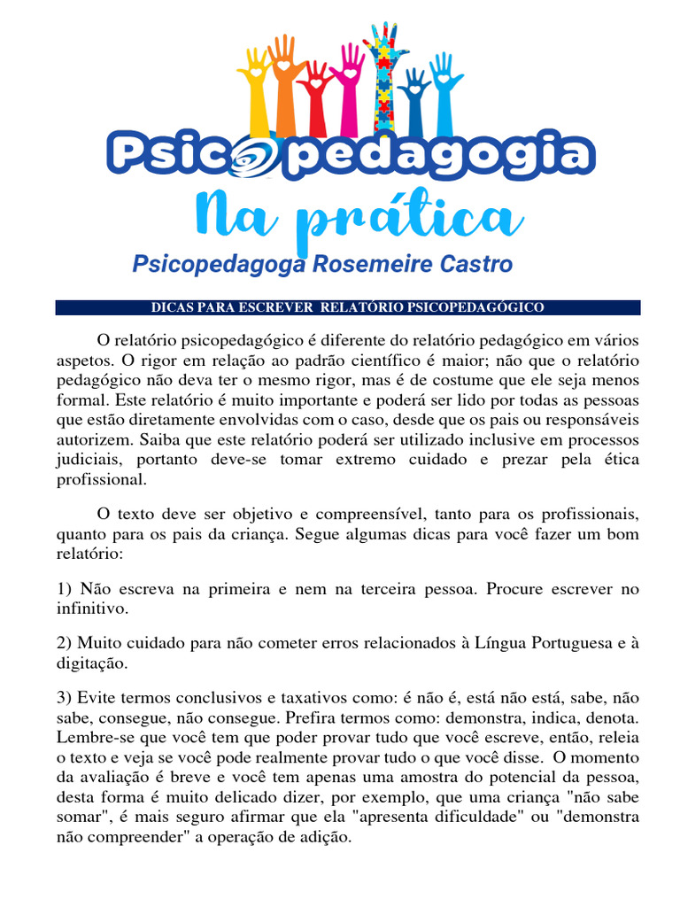 06-Dicas para Escrever Relatório Psicopedagógico | PDF | Psicologia ... 06-Dicas para Escrever Relatório Psicopedagógico | PDF | Psicologia ...