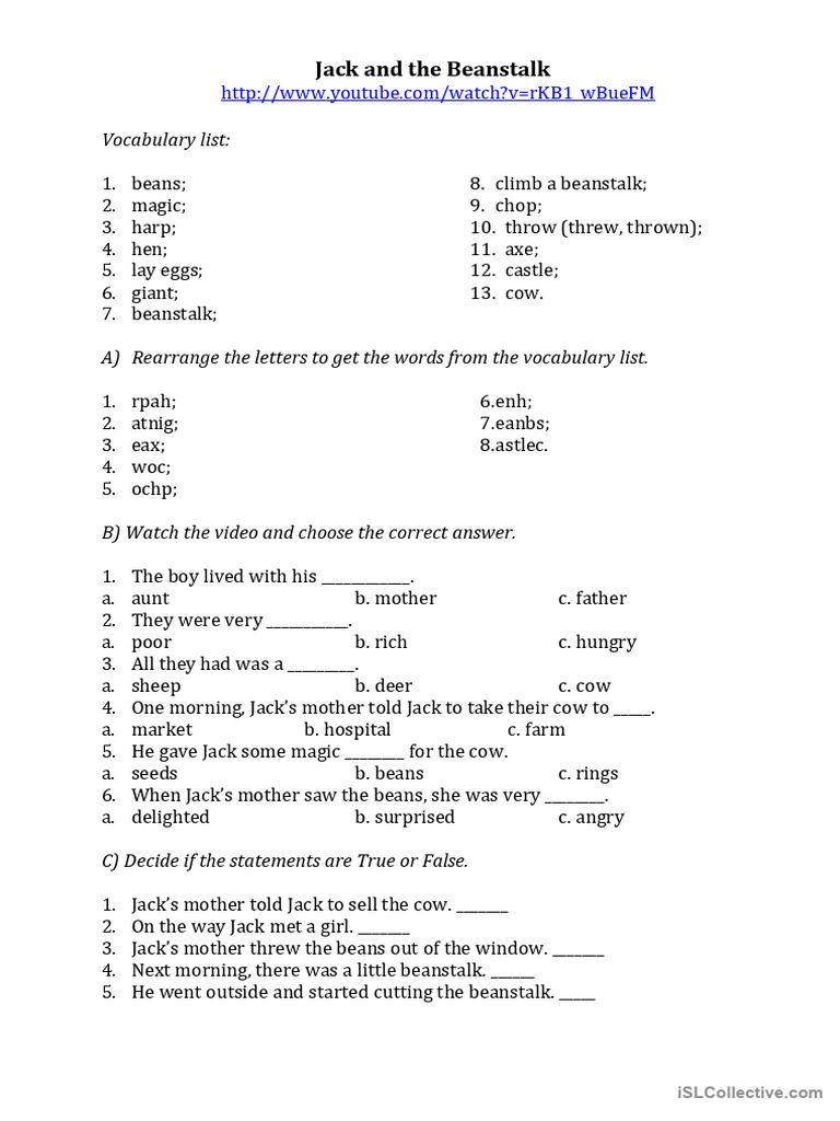 Jack and The Beanstalk. Video-Based Worksheet. | PDF | Jack And The ...