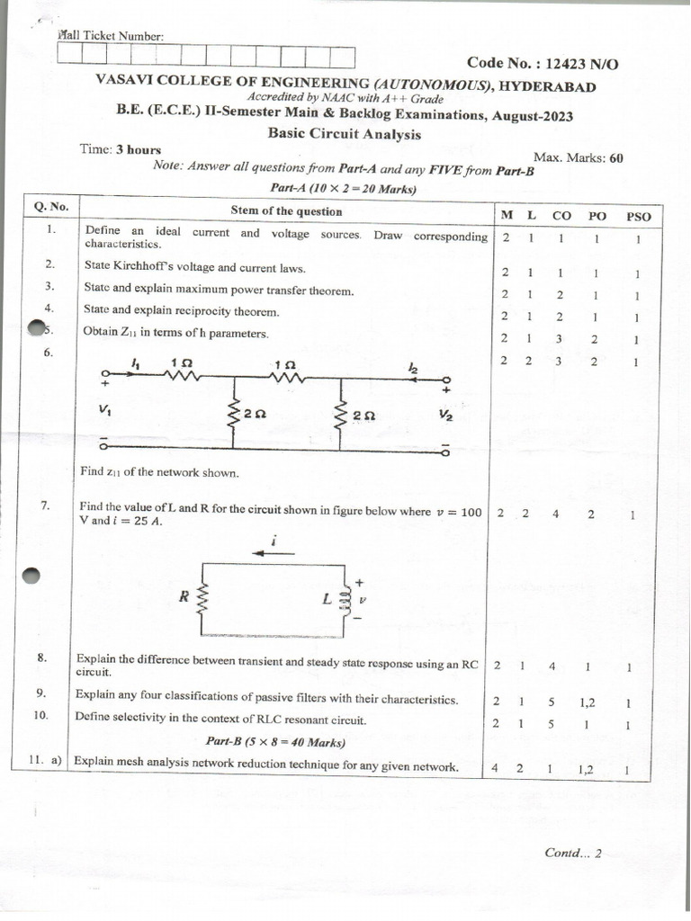 Basic Circuit Analysis, ECE, II Sem, Aug 2023 | PDF