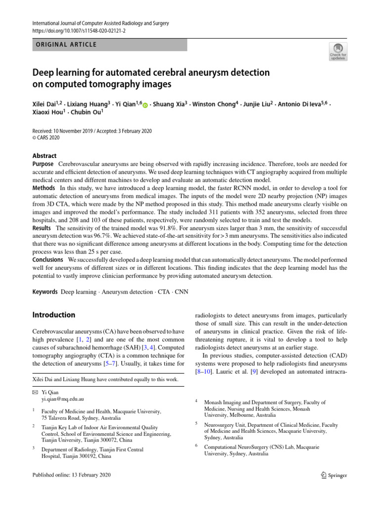 Deep Learning For Automated Cerebral Aneurysm Detection On Computed Tomography Images | PDF ...