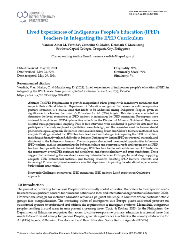 Lived Experiences of Indigenous People's Education (IPED) Teachers in ...