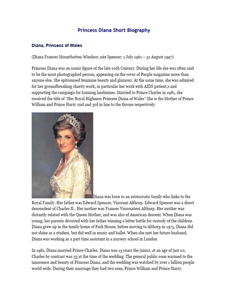 Princess Diana Short Biography | PDF | Diana