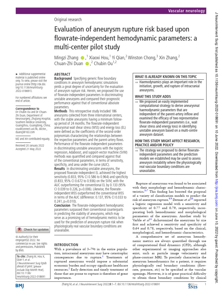 Evaluation of Aneurysm Rupture Risk Based Upon Flowrate-Independent ...