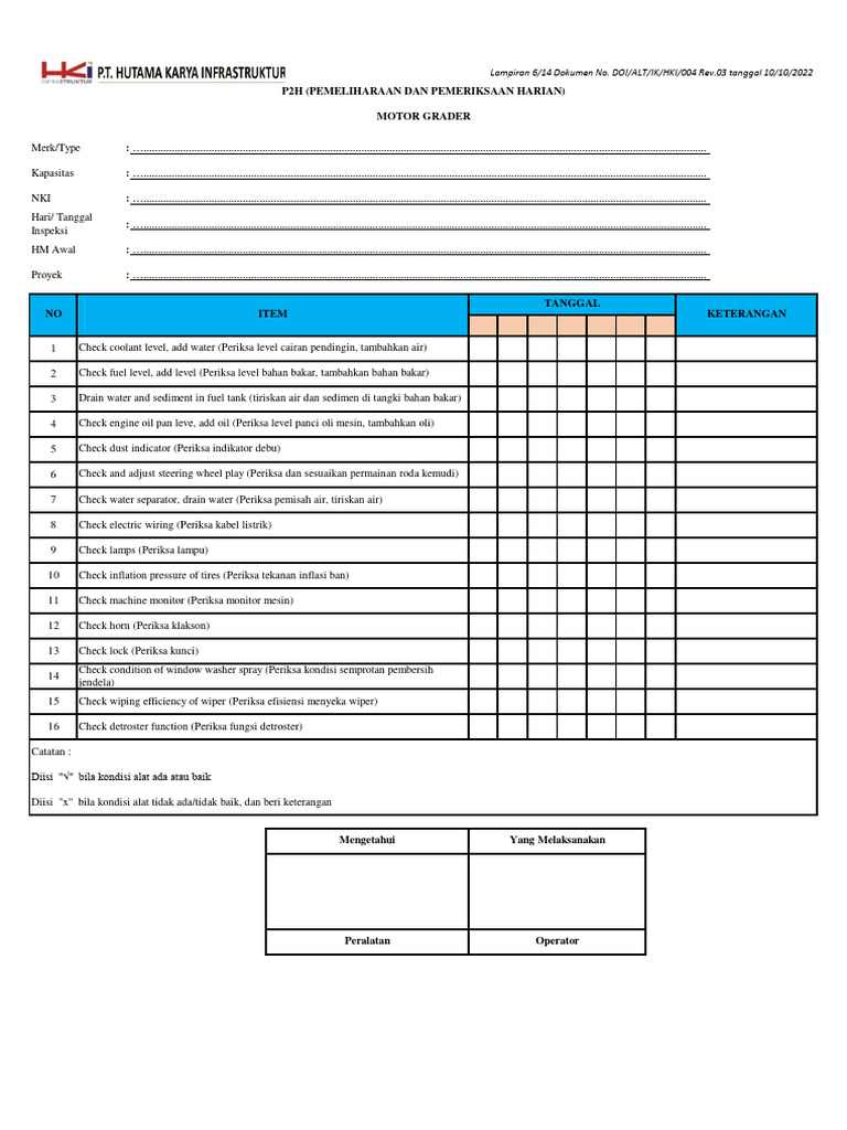 Checklist Pemeliharaan Motor Grader | PDF