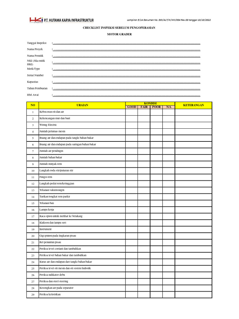 Checklist Inspeksi Motor Grader | PDF