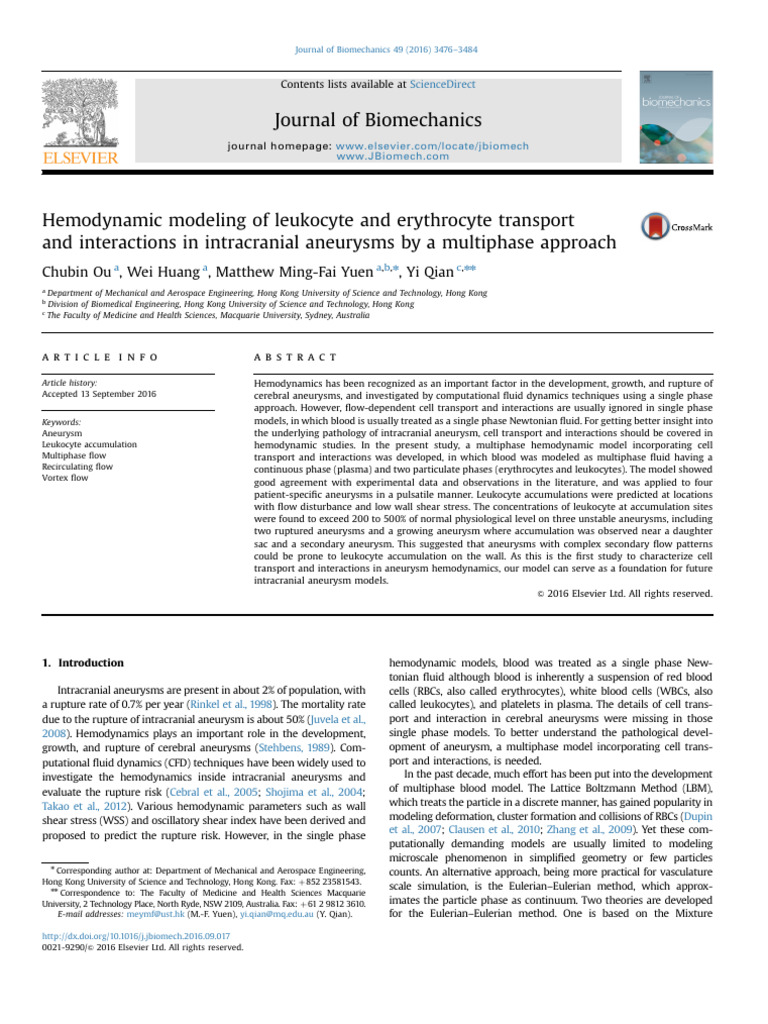 hemodynamic modeling of leukocyte and erythrocyte transport | PDF | Hemodynamics | Red Blood Cell
