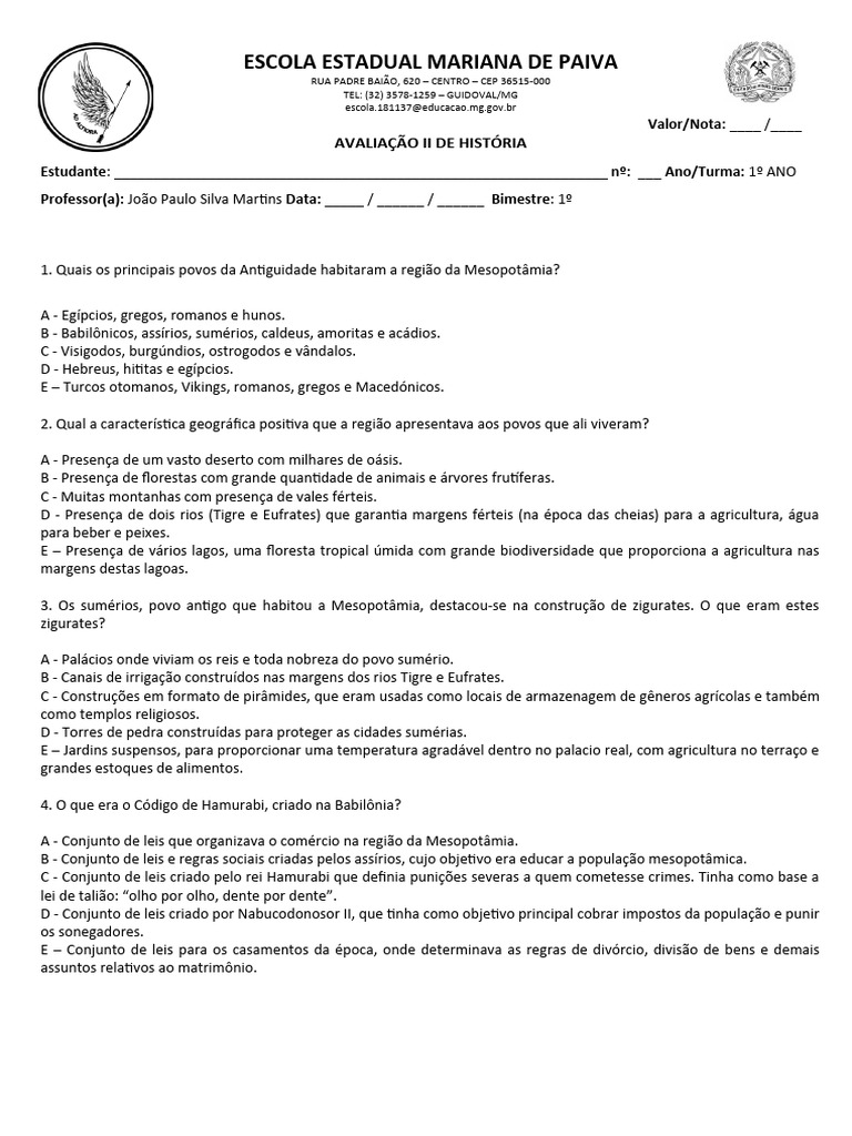 Avaliação De História 1º Bimestre 1º Ano Ensino Médio 2º Prova