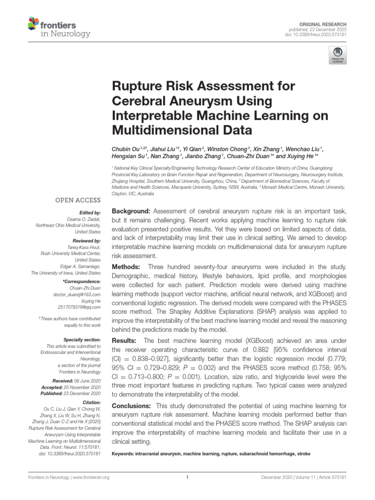 Rupture Risk Assessment For Cerebral Aneurysm Using | PDF | Machine Learning | Clinical Medicine