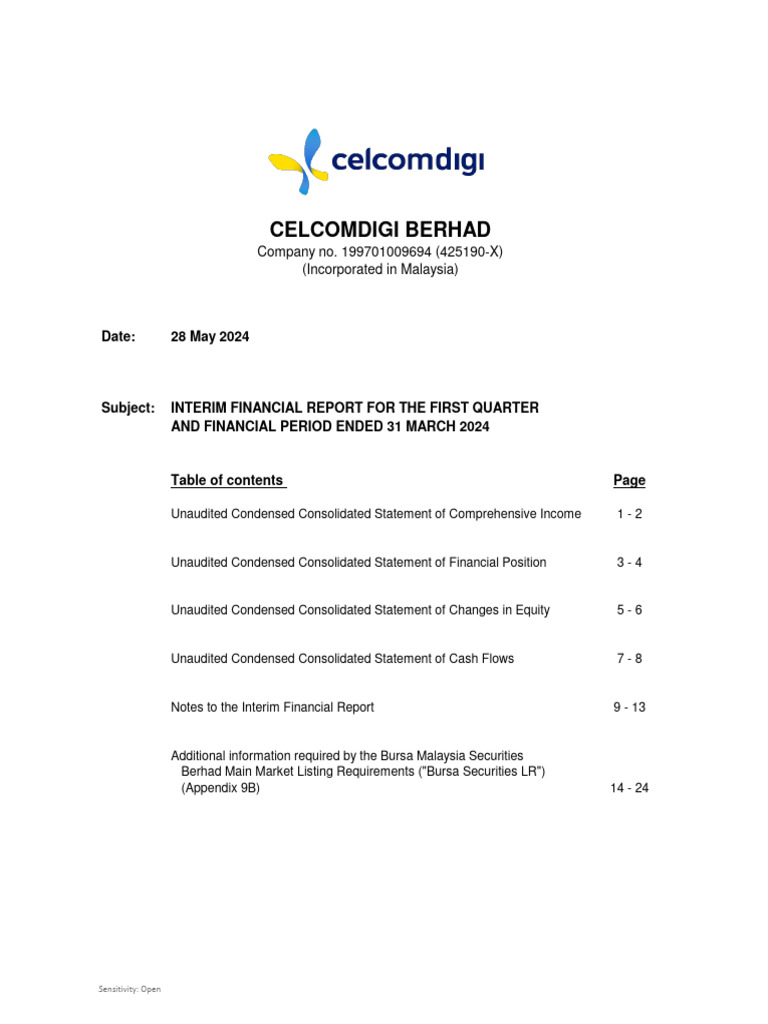 CelcomDigi Bursa Q1 2024 | PDF | Financial Statement | Equity (Finance)