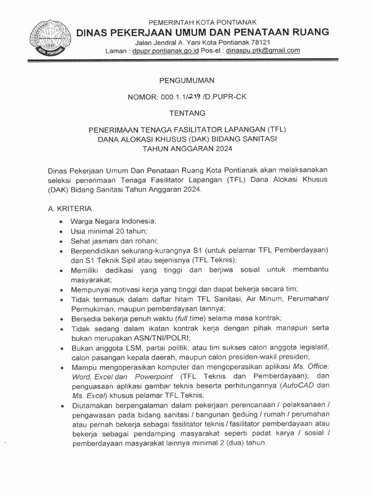 Penerimaan Tenaga Fasilitator Lapangan TFL Dana Alokasi Khusus Dak Bidang Sanitasi Tahun ...