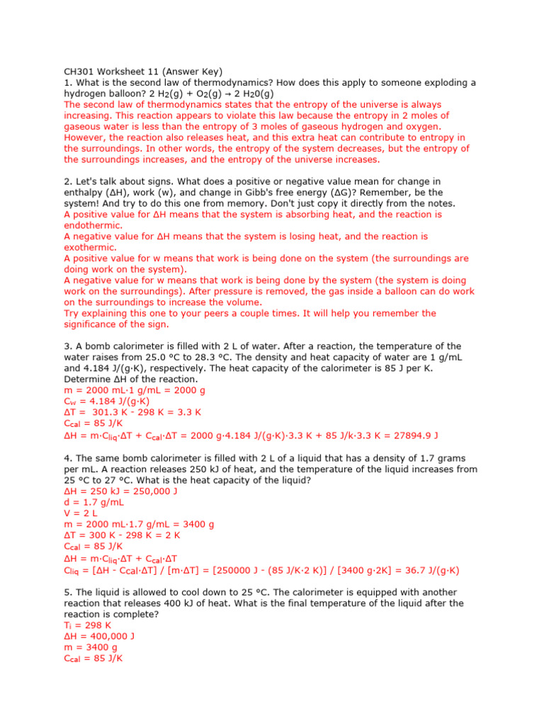 CH301 Thermodynamics Worksheet Answers | PDF | Gibbs Free Energy | Entropy