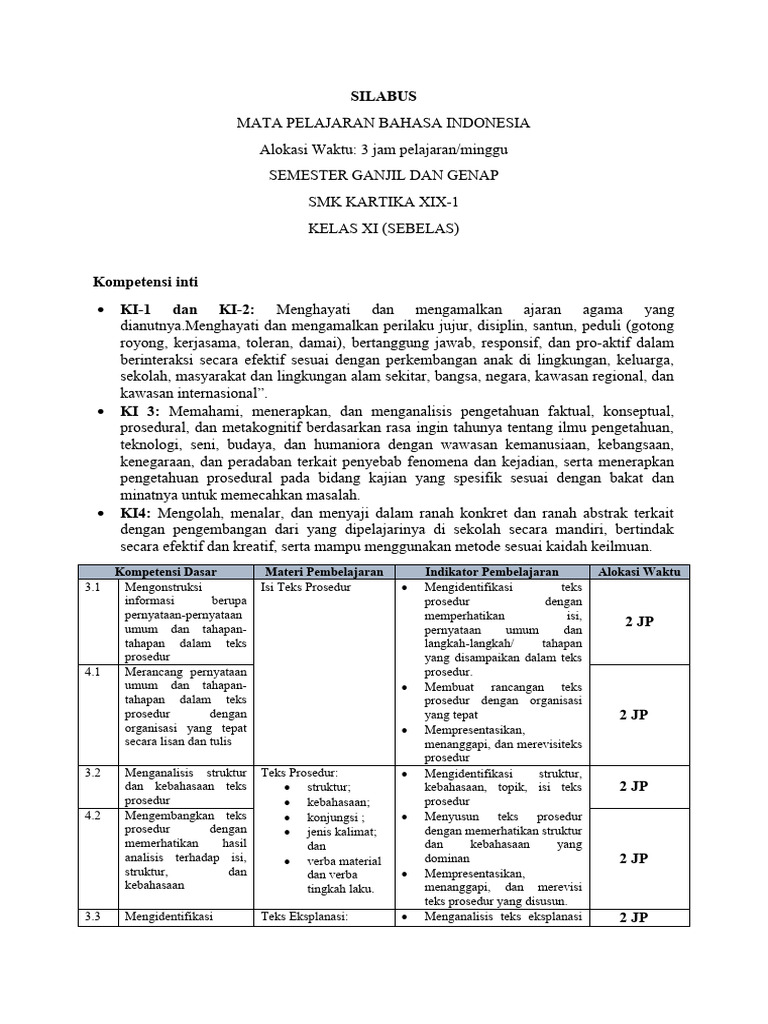 Silabus Bahasa Indonesia SMK Kelas XI | PDF | Seni & Disiplin Bahasa