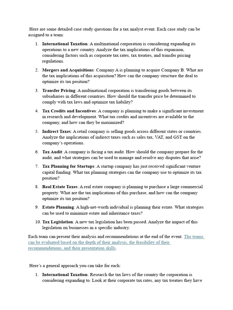 Here Are Some Detailed Case Study Questions For A Tax Analyst Event ...