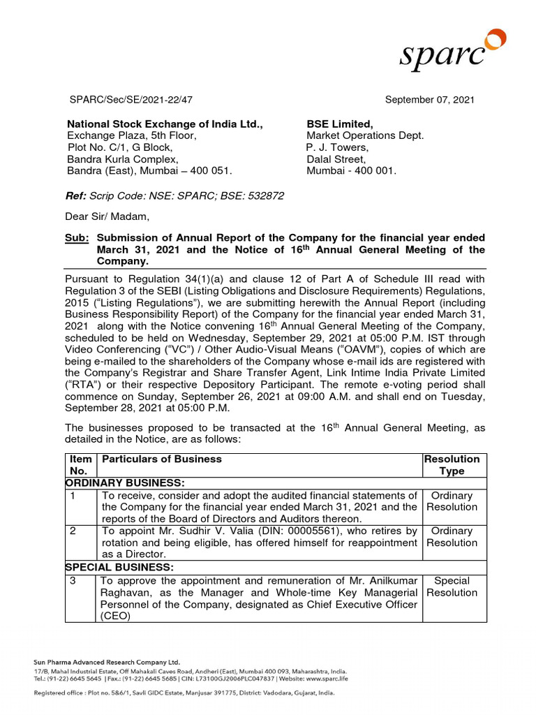 Ref: Scrip Code: NSE: SPARC BSE: 532872: SPARC/Sec/SE/2021-22/47 September 07, 2021 | PDF ...