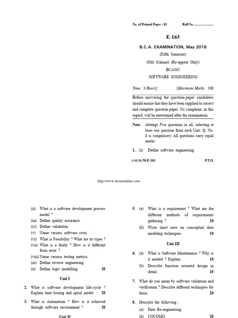 Bca 5 Sem Software Engineering Bca305 May 2018 | PDF | Software Engineering | Software ...