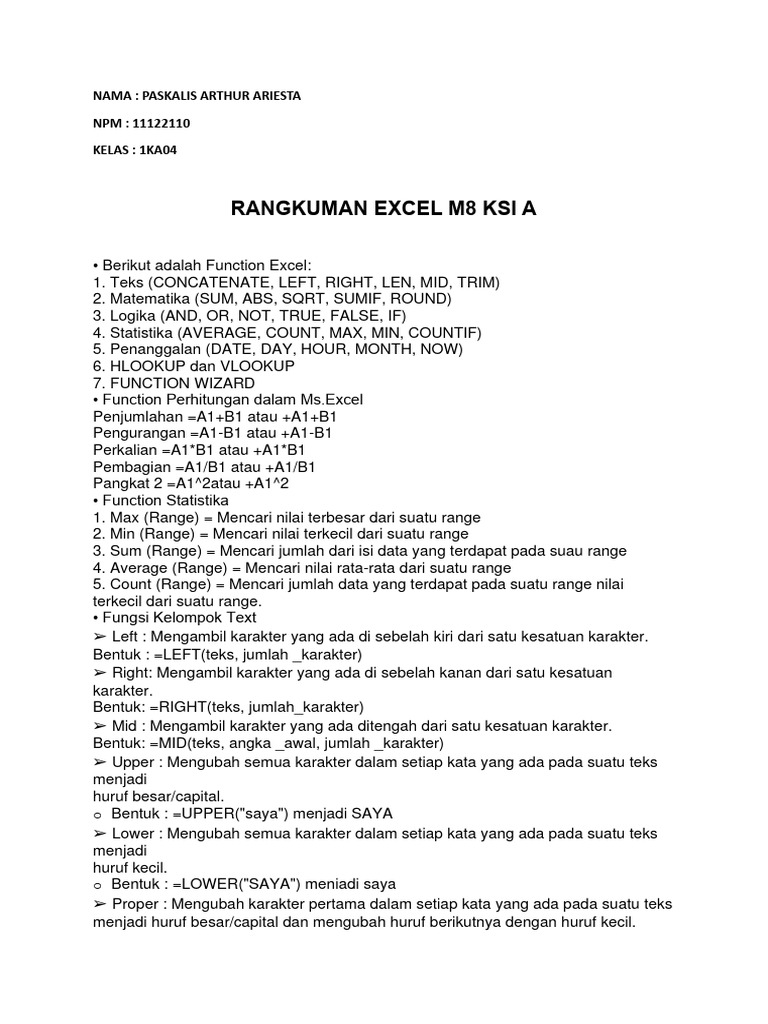 Rangkuman Materi Rumus Excel - Paskalis Arthur Ariesta - 11122110 - Ksi A | PDF