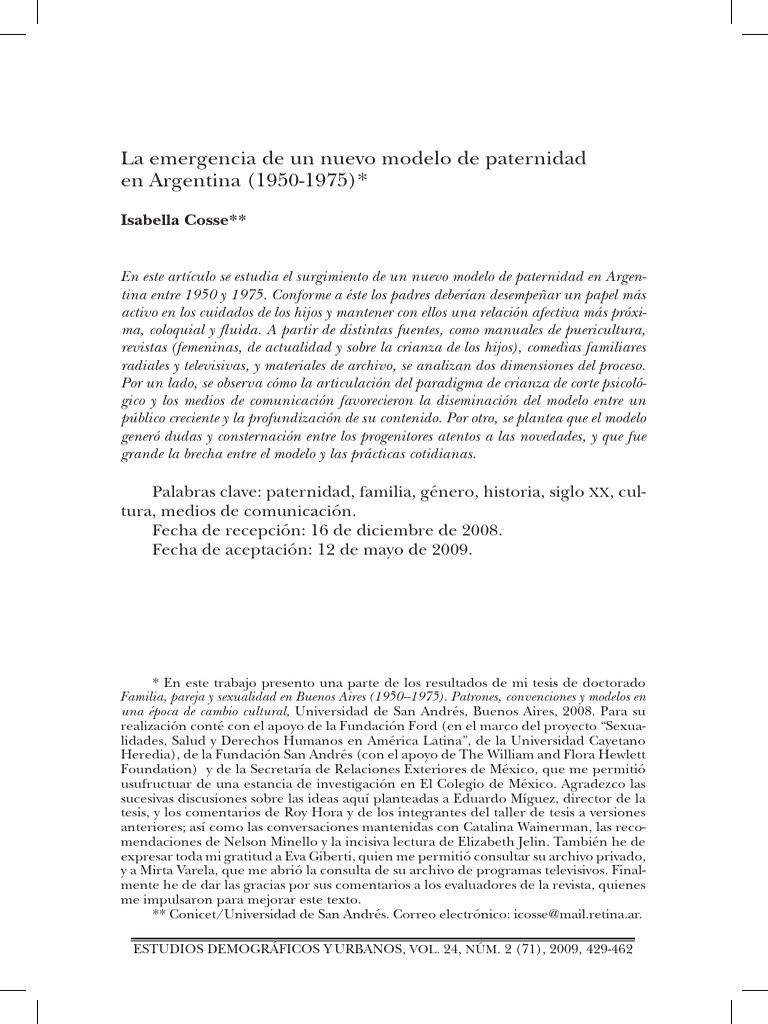 Isabella Cosse (2019) "La Emergencia de Un Nuevo Modelo de Paternidad en Argentina (1950-1975 ...