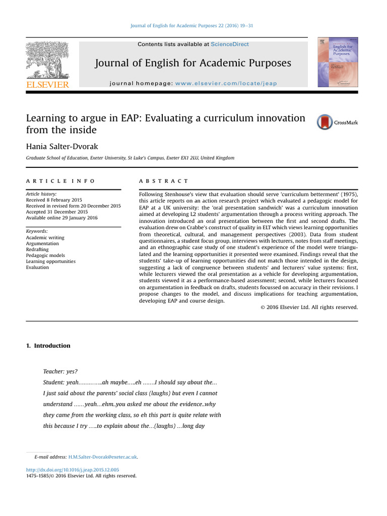 Learning To Argue in EAP Evaluating A Curriculum Innovation | PDF ...