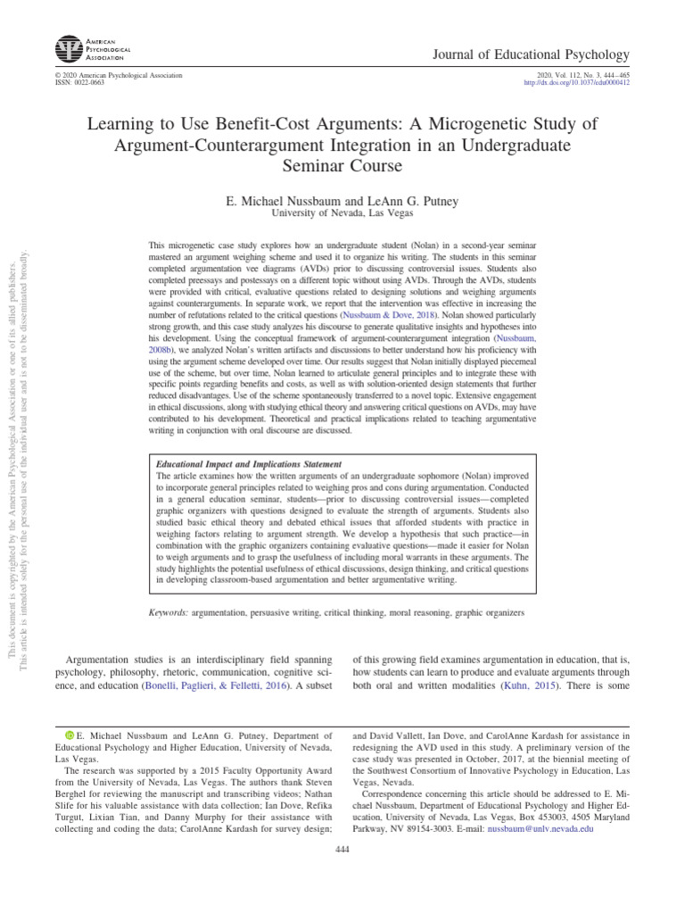 Learning To Use Benefit-Cost Arguments A Microgenetic Study of | PDF ...