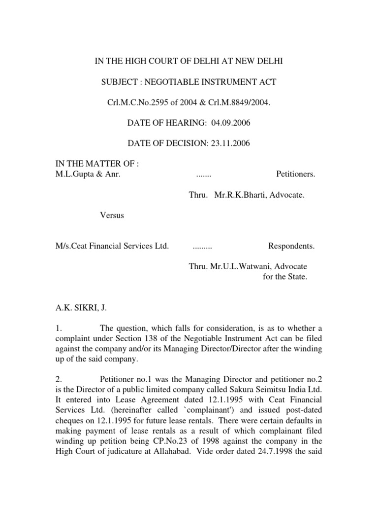 M.L. Gupta vs. Ceat Financial | PDF | Cheque | Liquidation