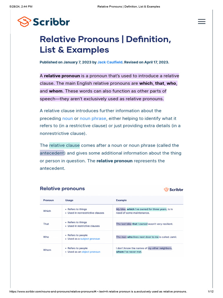 Relative Pronouns - Definition, List & Examples | PDF | Pronoun | Clause